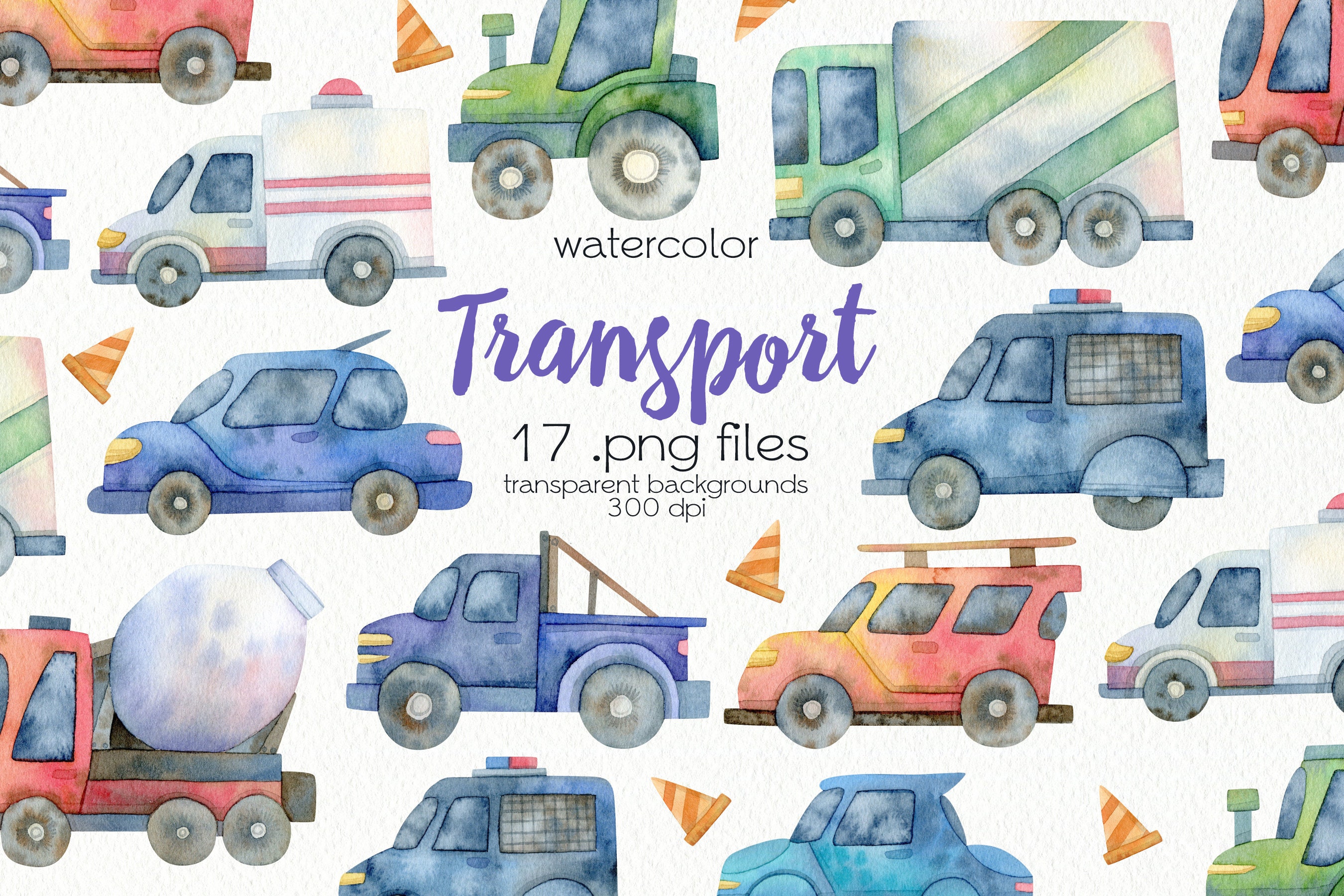 Watercolor Transport Clipart / Cartoon Cars / Digital PNG - Etsy