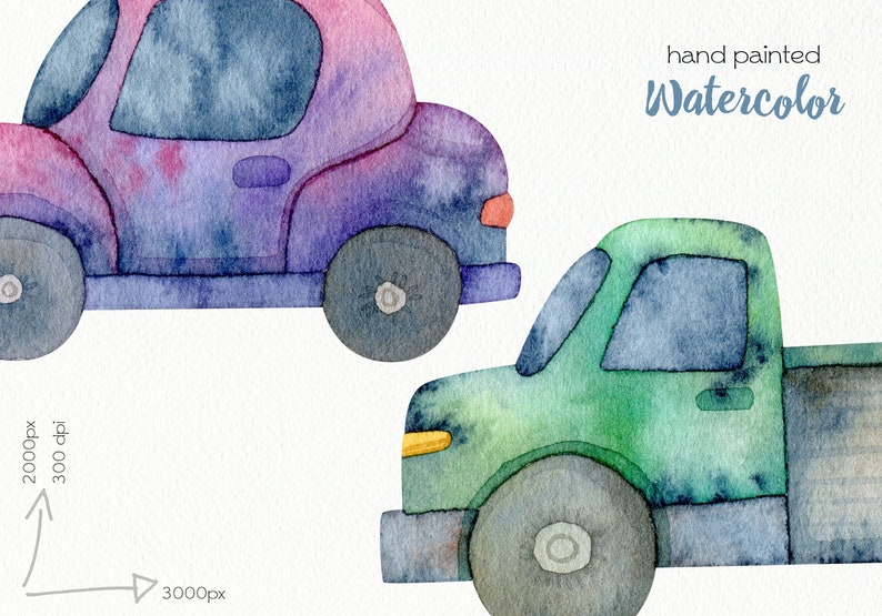 Watercolor Transport Clipart / Cartoon Cars / Nursery Art - Etsy