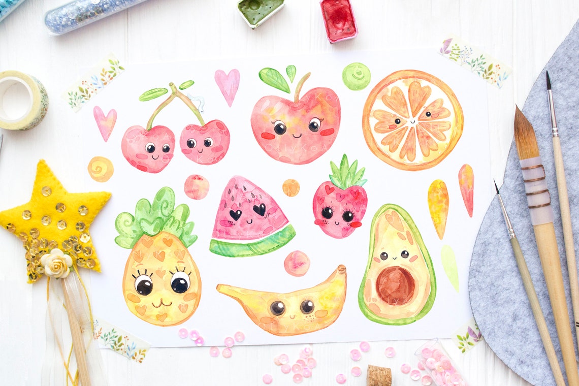 Cute Watercolor Fruit Clipart / Tropical Fruit Clipart / | Etsy