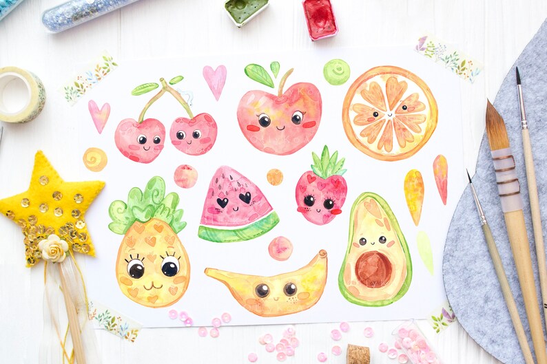 Cute Watercolor Fruit Clipart / Tropical Fruit Clipart / | Etsy