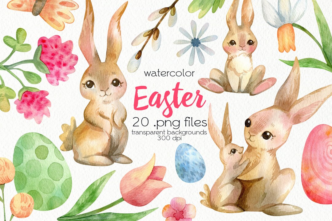 Watercolor Easter Bunny Clipart / Spring Flowers / Gardening / PNG ...