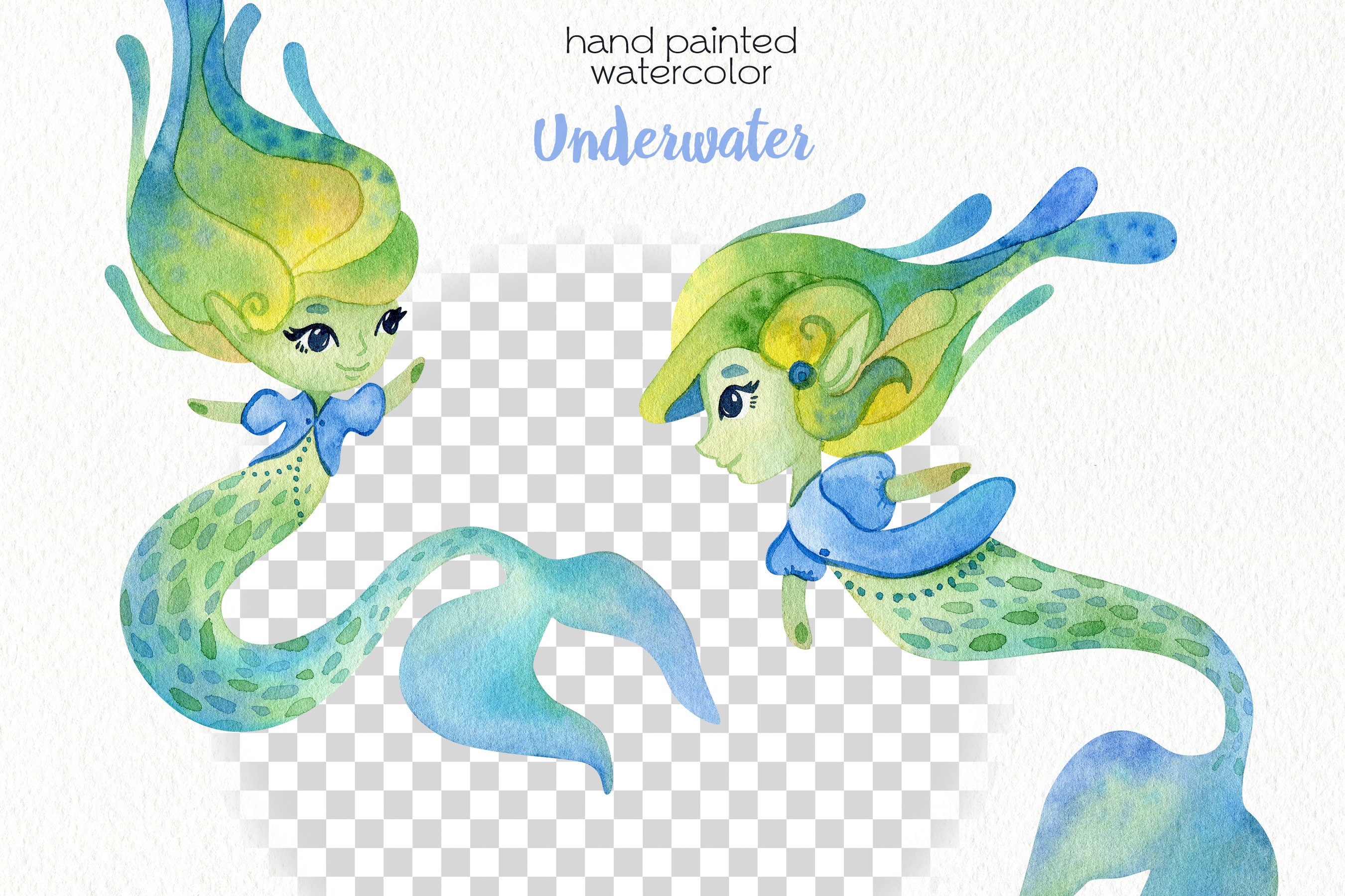 Watercolor Sea Life / Under the Water Clipart / Ocean Cute Mermaids ...