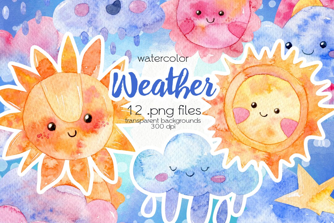 Watercolor Weather Clipart / Cute Sun, Clouds / Digital PNG Files ...