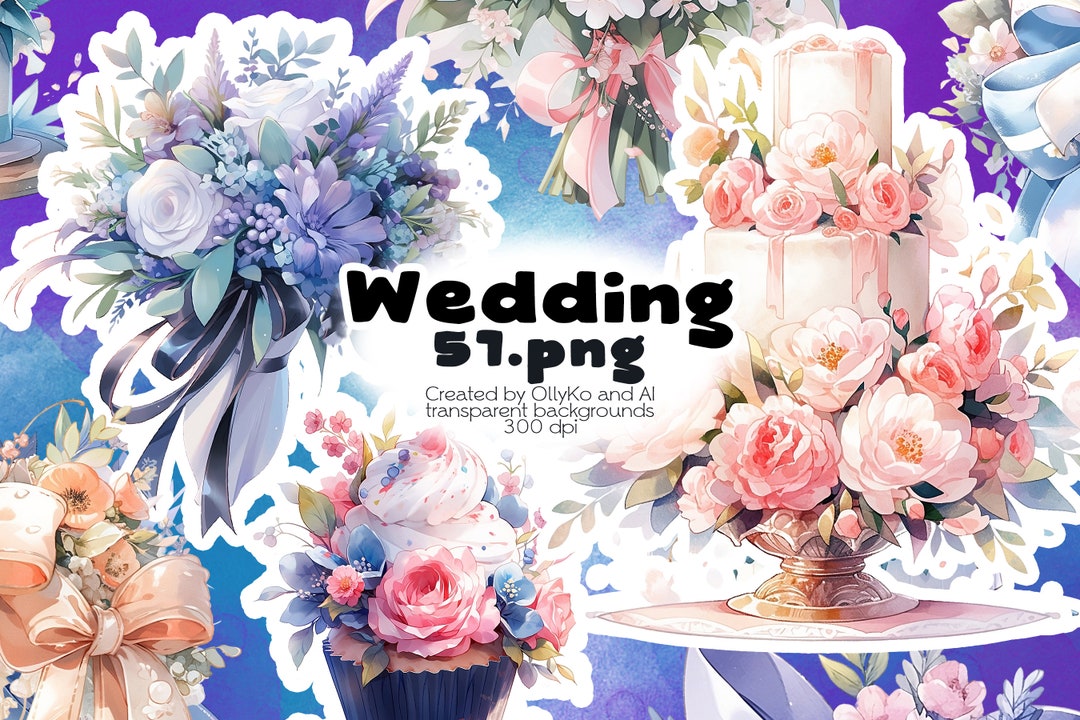 Watercolor Wedding Clipart / Wedding Bouquet, Bow, Cake, Cupcake / PNG ...