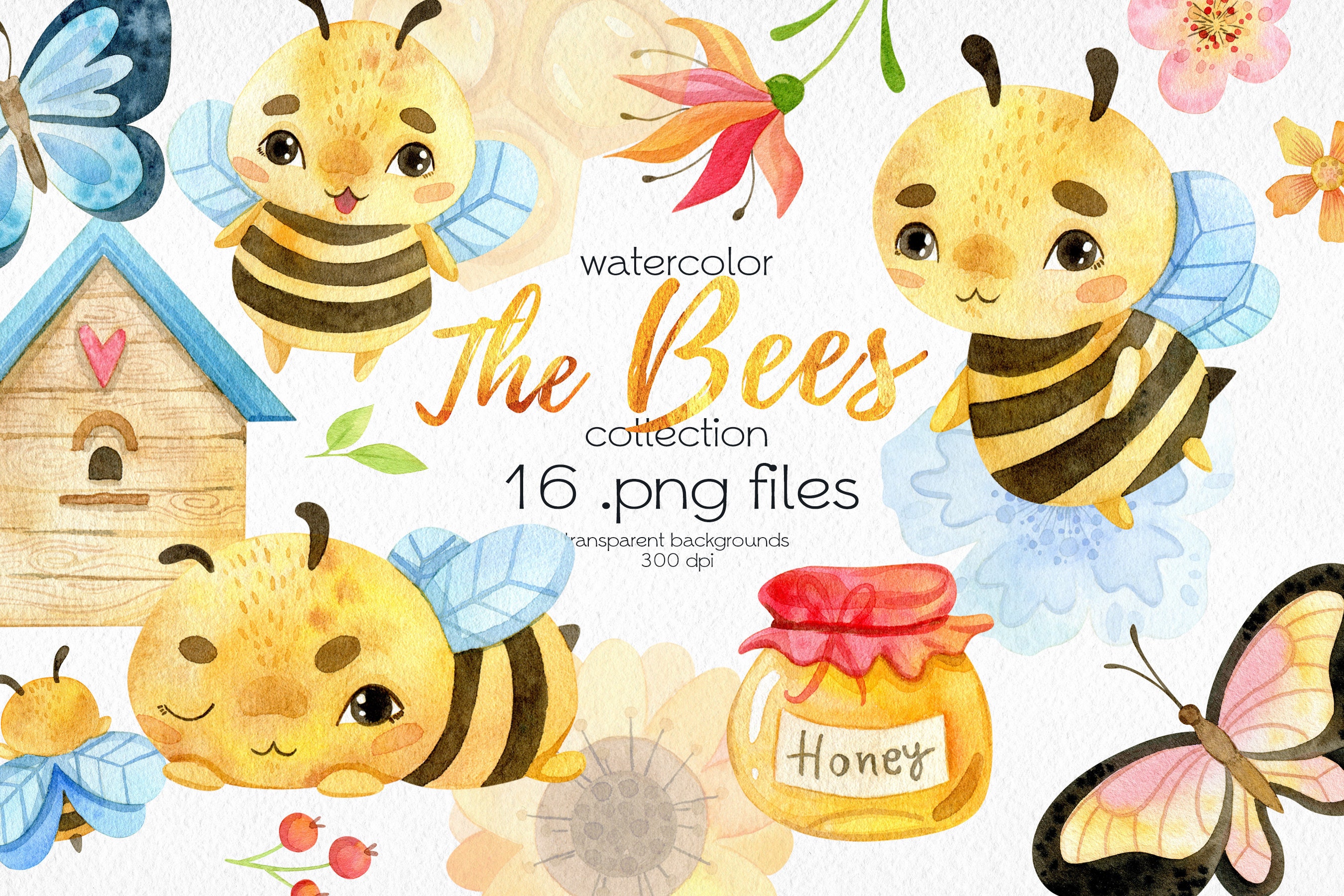 Watercolor Honeybee Clipart / Cute Bees / Digital PNG Files / - Etsy