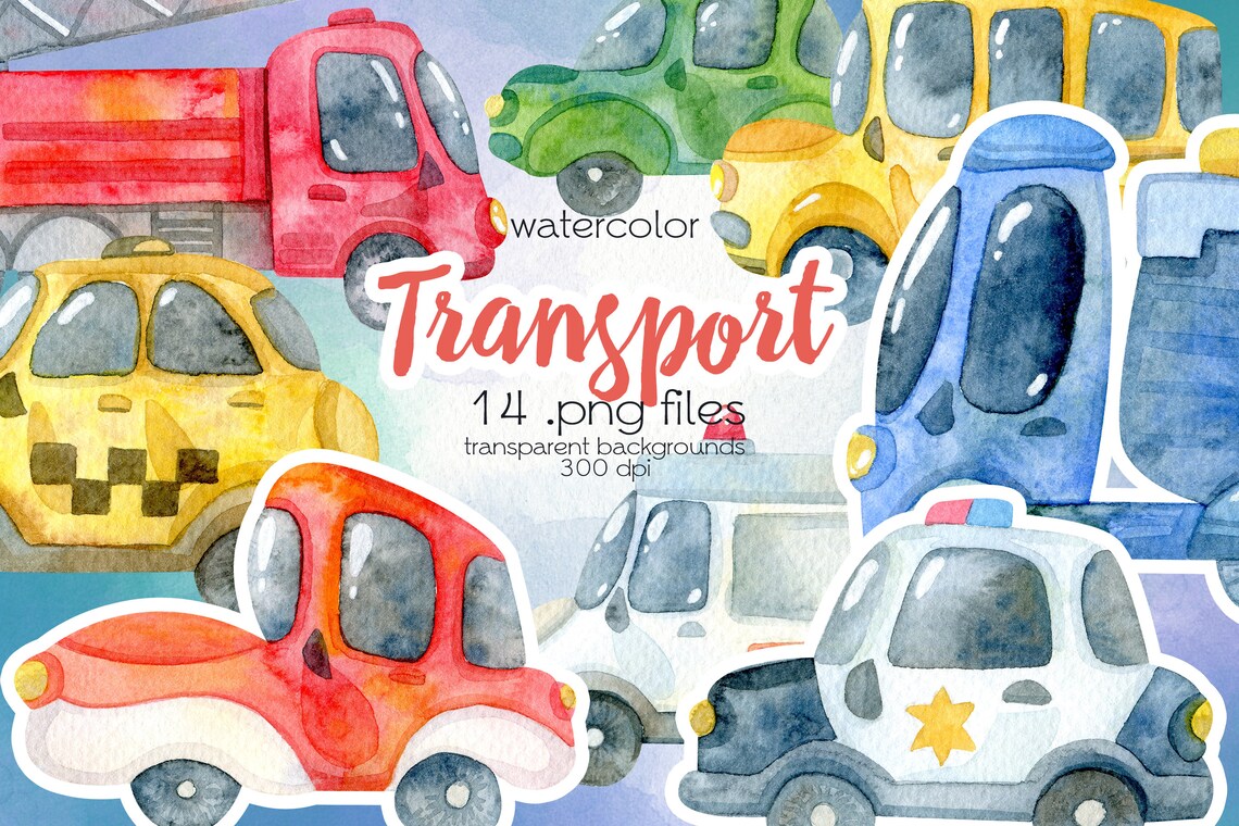 Cute Cartoon Cars / Watercolor Transport Clipart / Printable - Etsy