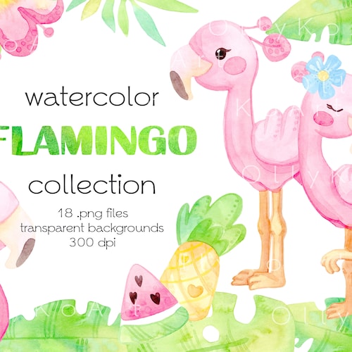 Watercolor Cute Pink Flamingos Clipart / Tropical Leaves and - Etsy