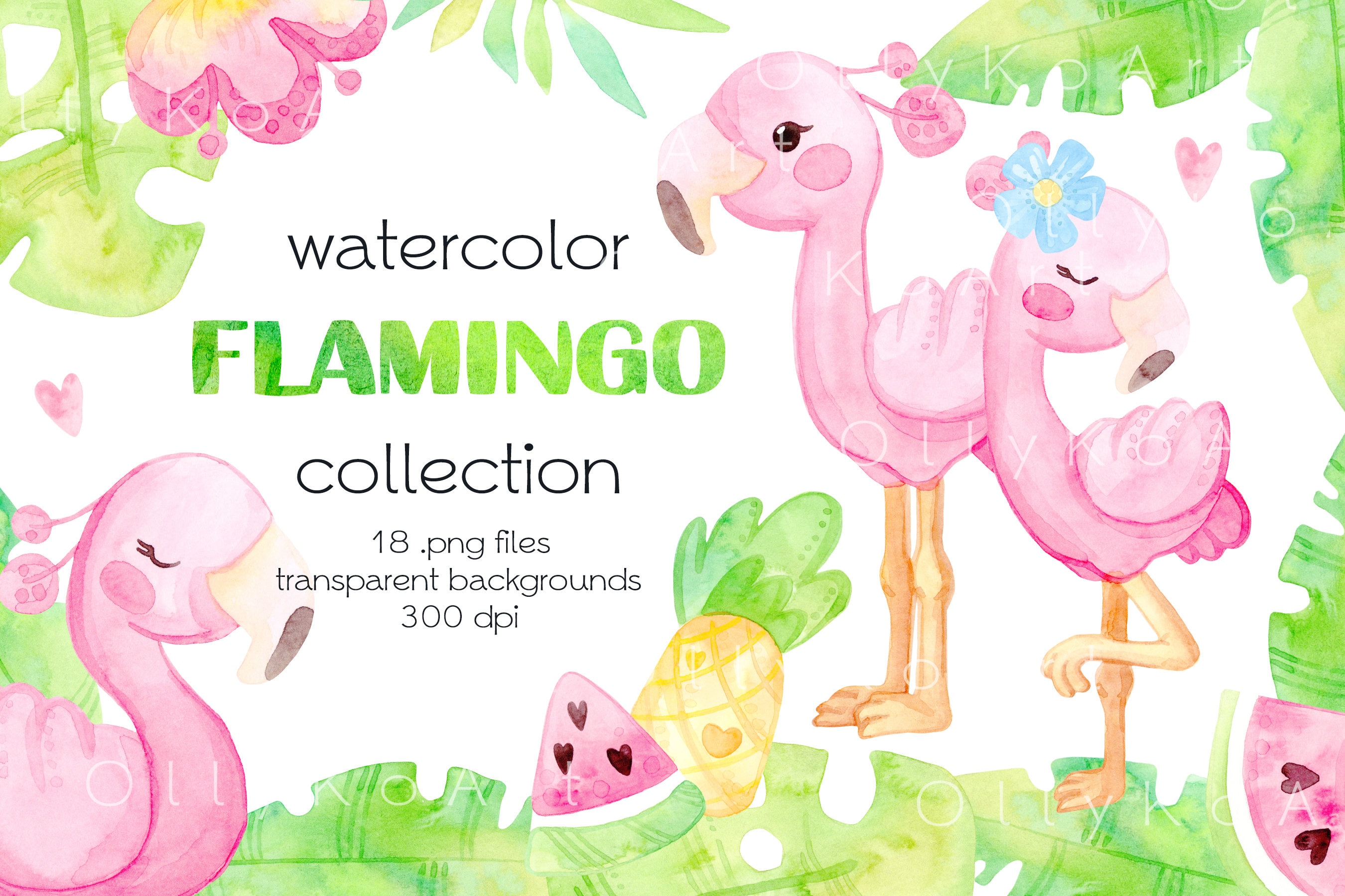 Watercolor Cute Pink Flamingos Clipart / Tropical Leaves and | Etsy