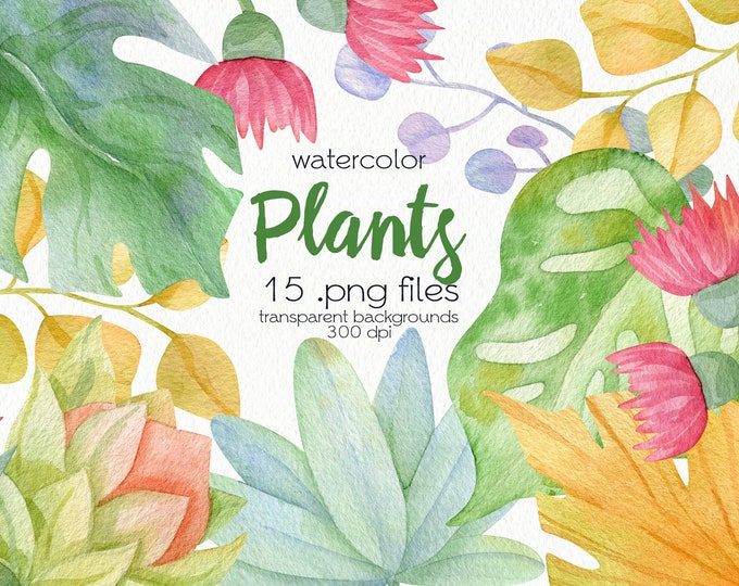 Watercolor Tropical Leaves Clipart. Hand Drawn Greenery Clipart With ...