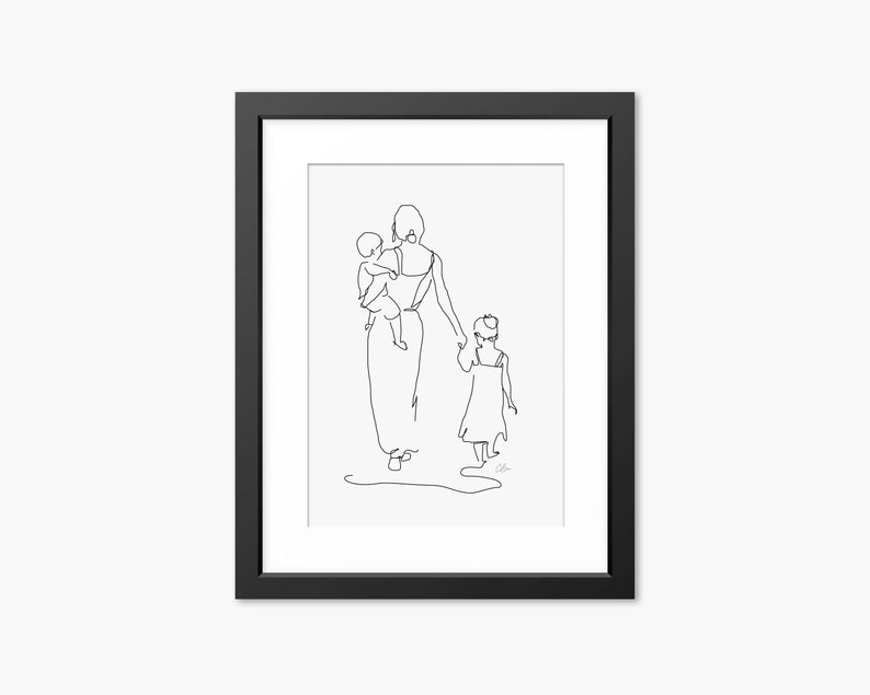 Mother and Children Line Art Family Illustration Gift for - Etsy