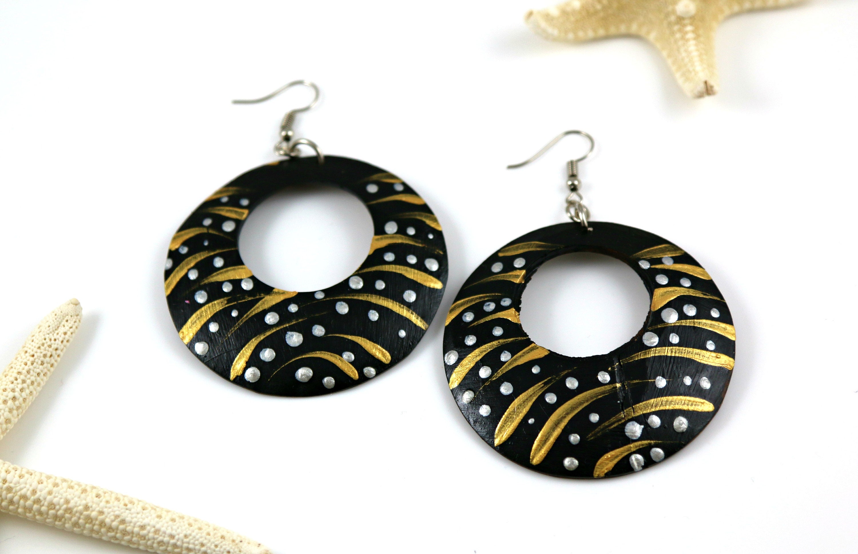 Black and gold hand painted coconut shell earrings | Etsy