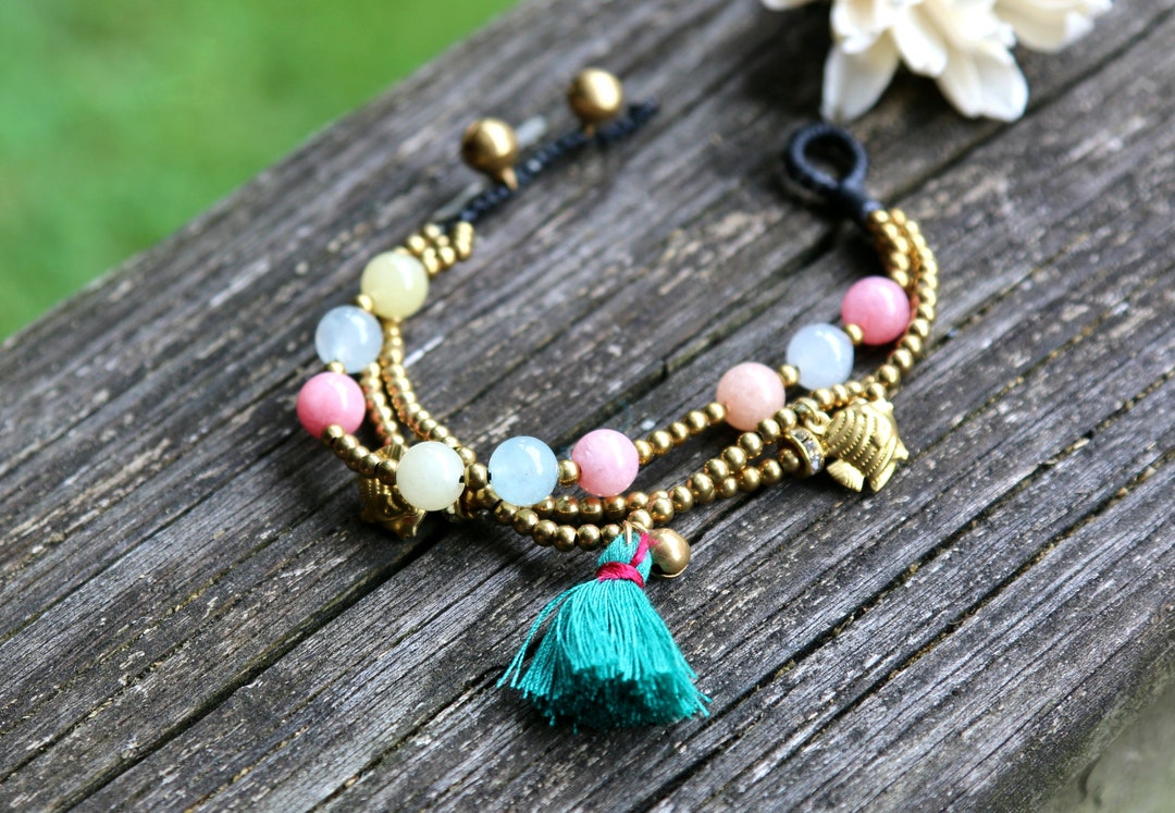 Morganite Beryl Gemstone With Teal Tassel and Brass Angle-fish Charm ...