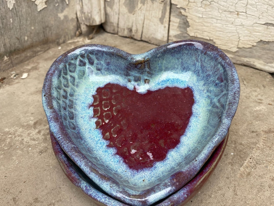 Red Heart Dish With Blue Overlay Candy Dish, Ring Holder, Sponge Rest ...