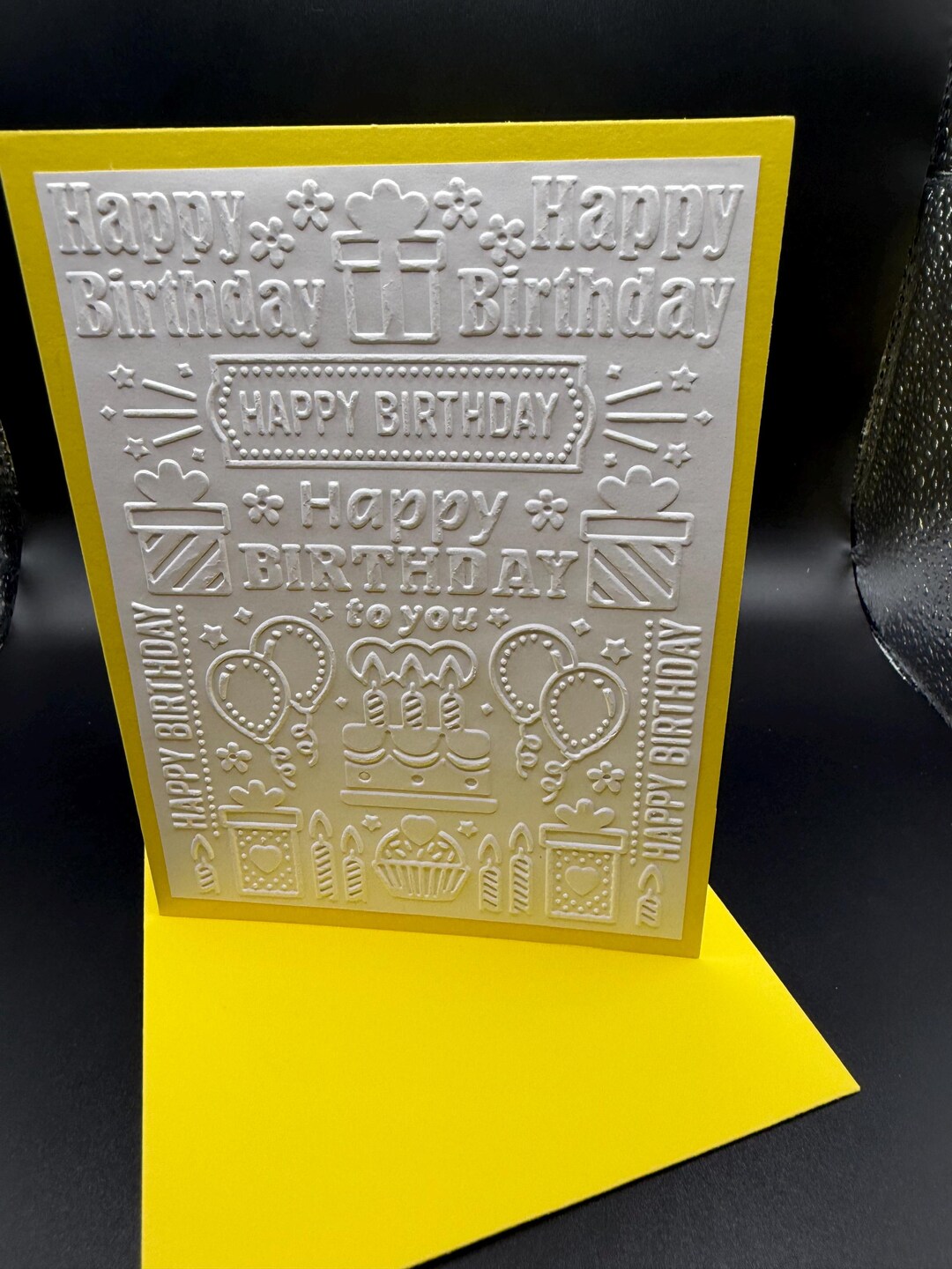 Embossed Happy Birthday Card: Yellow & White, Blank Inside - Etsy