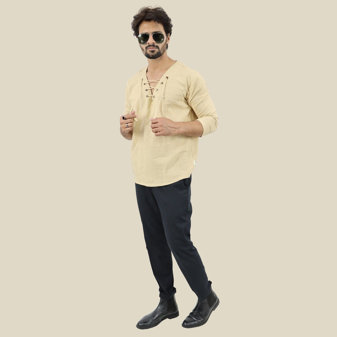 Bohemian Fawn Gold Medieval Style Men's Kurta, Long Sleeve With Lace ...