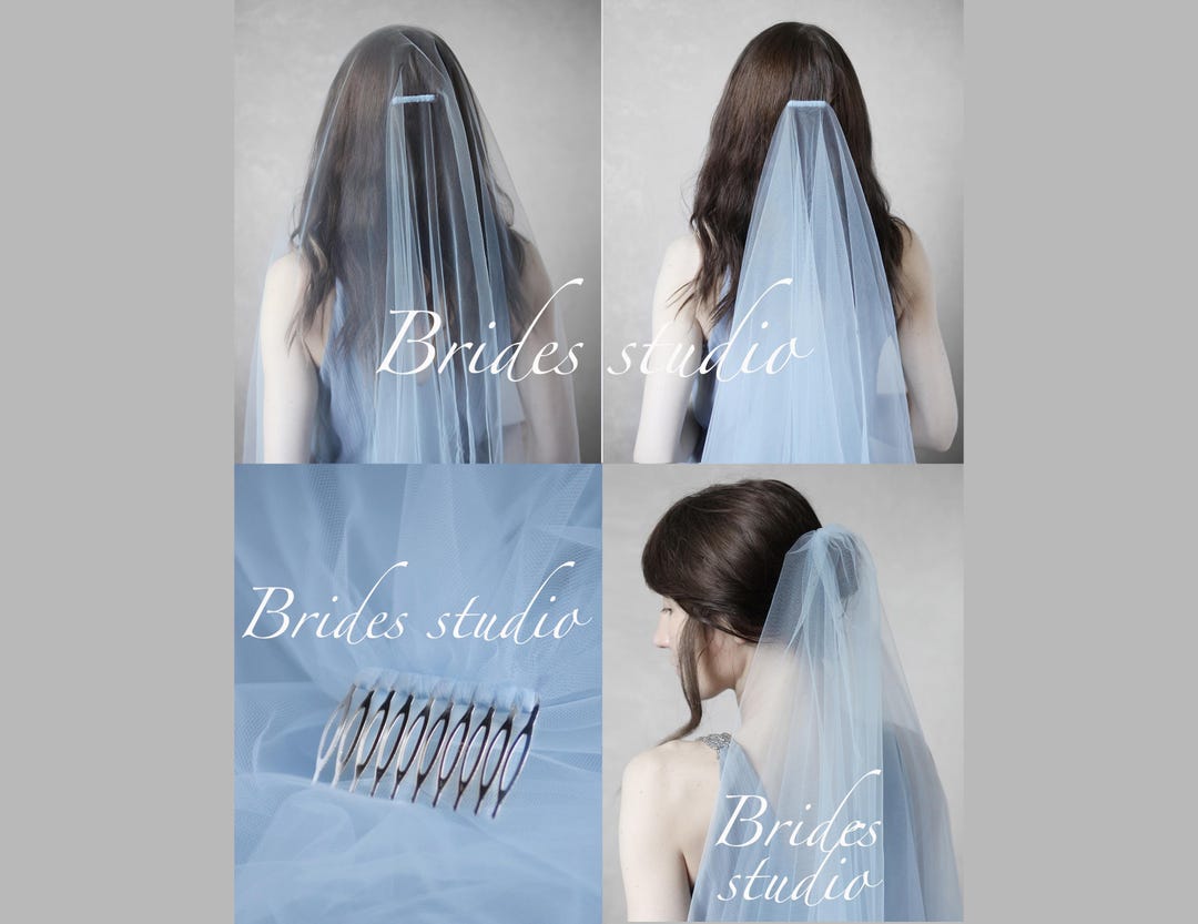 Simple Two Tiers Blue Tulle Bridal Veil With Comb Blue Blusher Veil ...