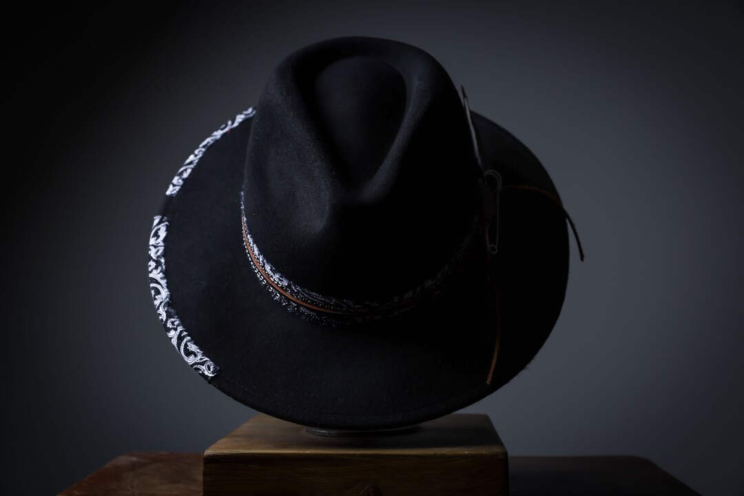 Pinched Teardrop Crown Black Wool Felt Fedora Hat & Feathers. Western ...