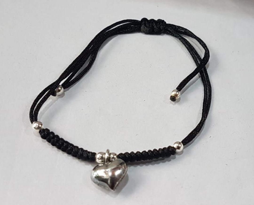 925 Silver Charm Bracelet ,custom Black Thread Heart Bracelet ...