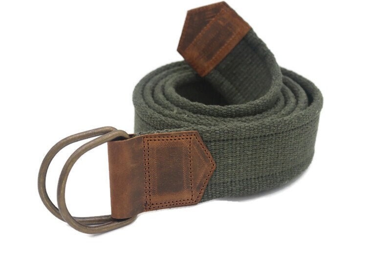 Green Web Belt Solid Brass D Ring With Leather Detail,green Canvas D ...