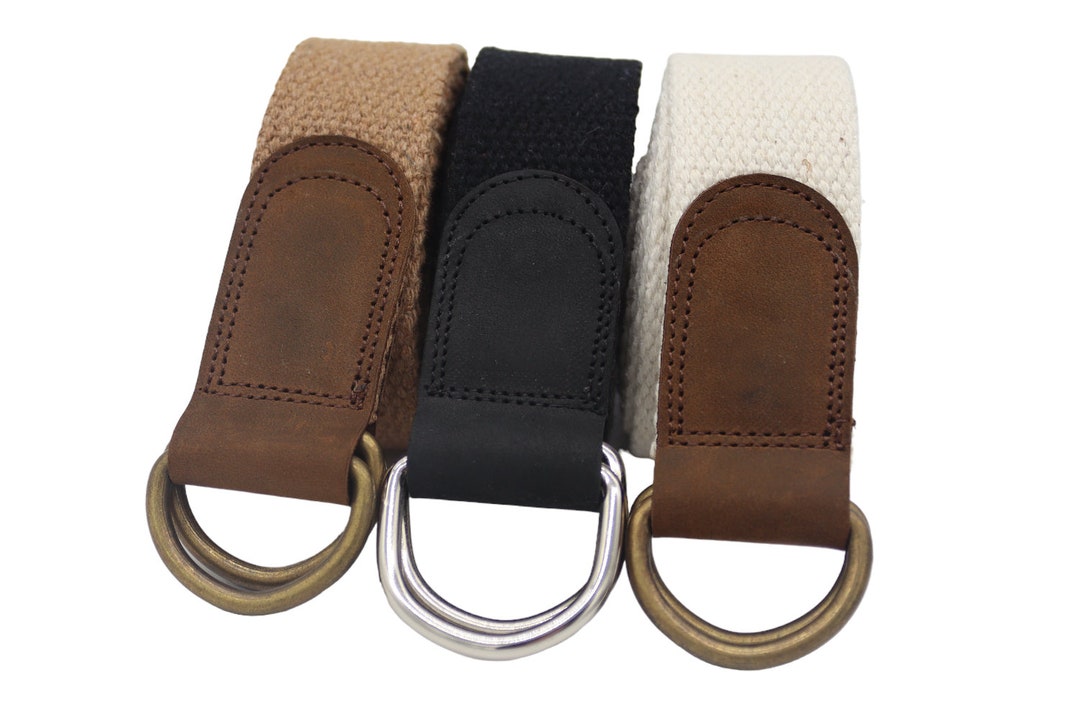 Canvas D-ring Belt, Leather Detail, Black Beige Webbing Belt - Etsy