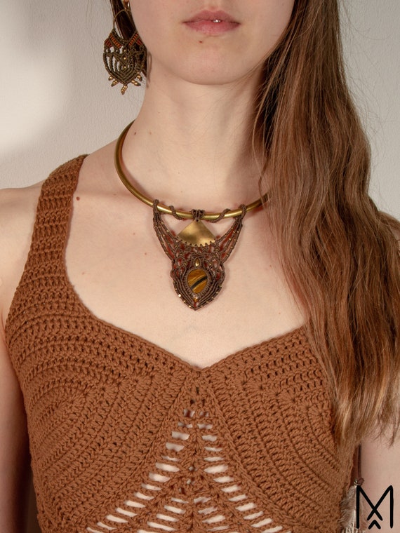 Tiger's Eye Statement Necklace micro macrame brass | Etsy