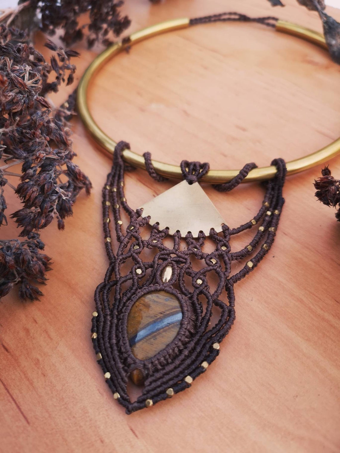 Tiger's Eye Statement Necklace micro macrame brass | Etsy