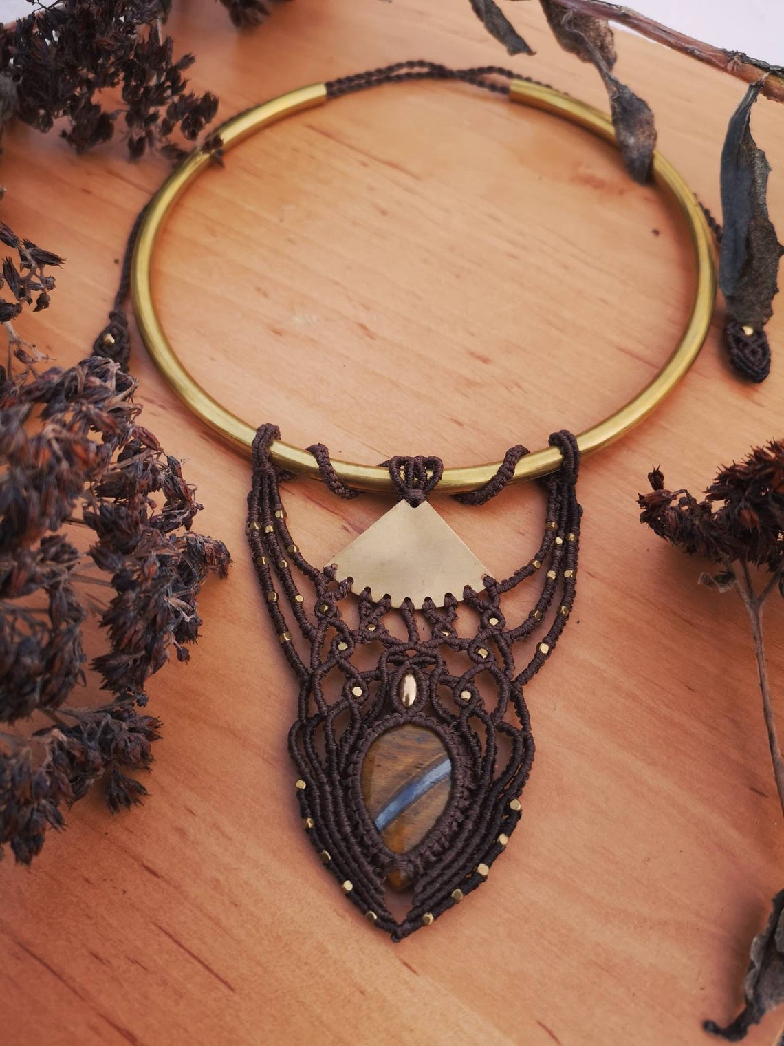 Tiger's Eye Statement Necklace micro macrame brass | Etsy