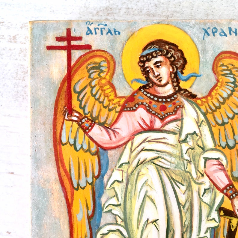 Hand Painted Icon Guardian Angel. Icon as a Gift for Godson. | Etsy