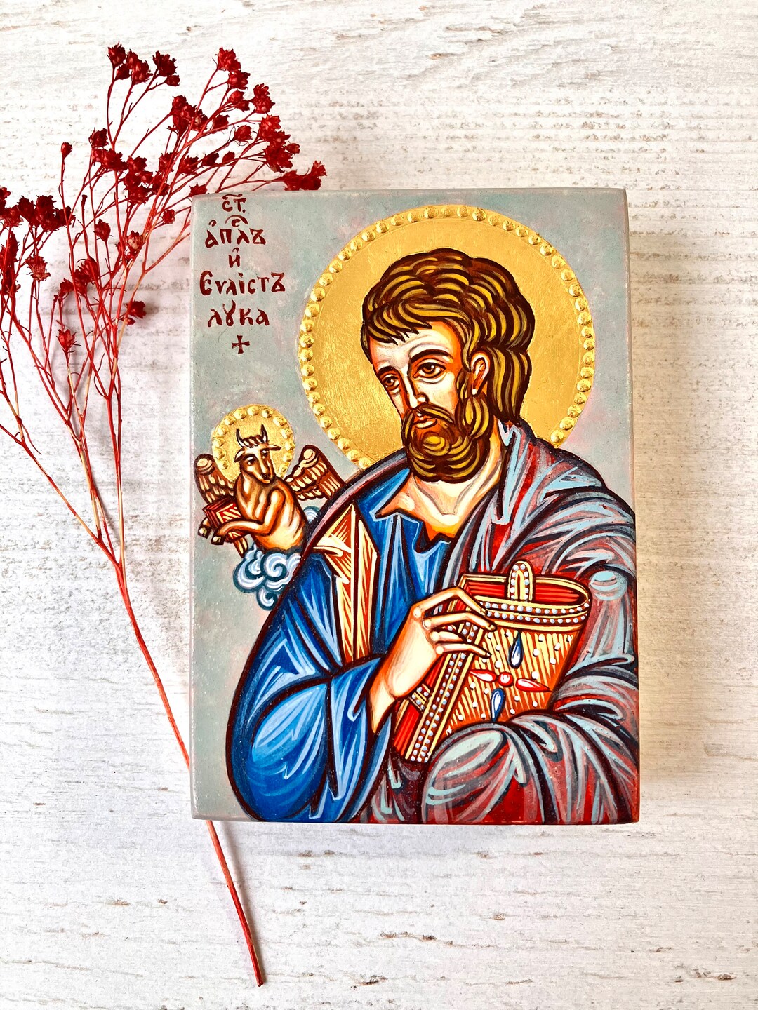 Saint Apostle Evangelist Luke Hand Painted Ukrainian Miniature Icon Easter Orthodox Gift Baptism ...