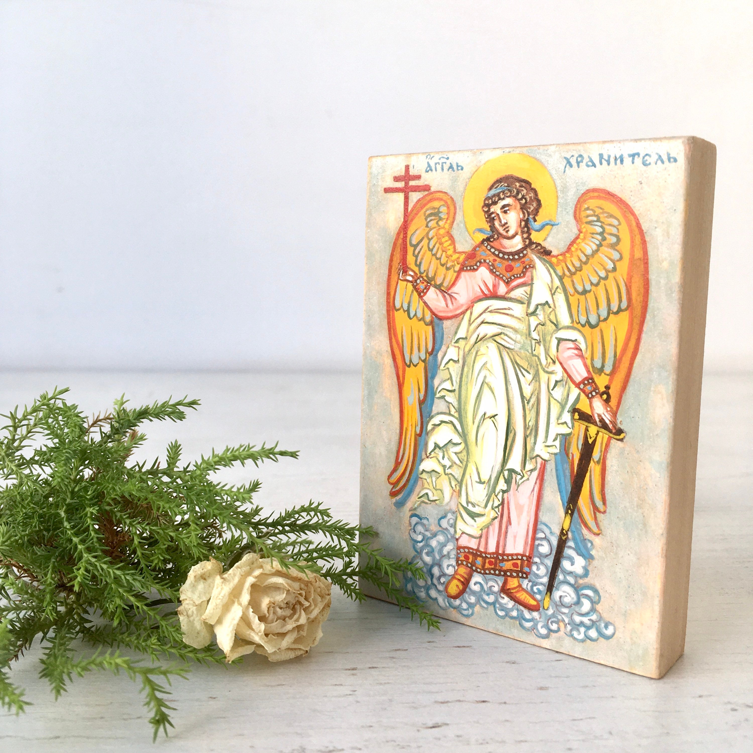 Hand Painted Icon Guardian Angel. Icon as a Gift for Godson. | Etsy