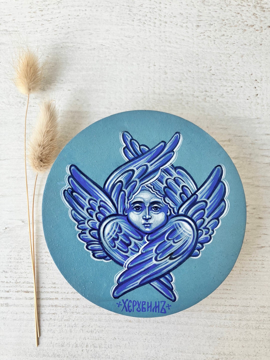 Orthodox Round Icon Angel Cherub, Hand Painted Miniature Icon Guardian ...