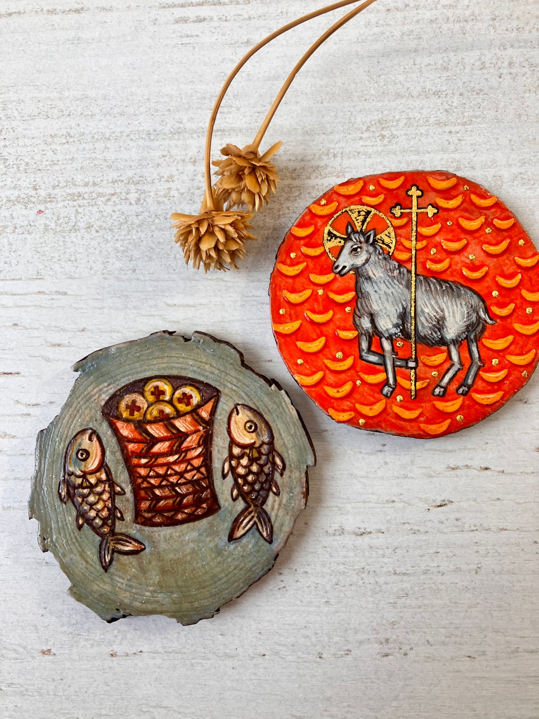 Agnus Dei Two Fish and Five Loaves Set of Two Icons Ukrainian Hand ...