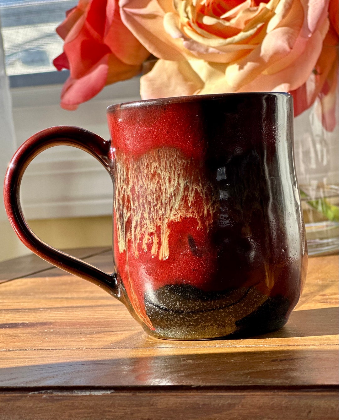 Large 14 Oz Drippy Deep Red Mug, Handmade Pottery - Etsy