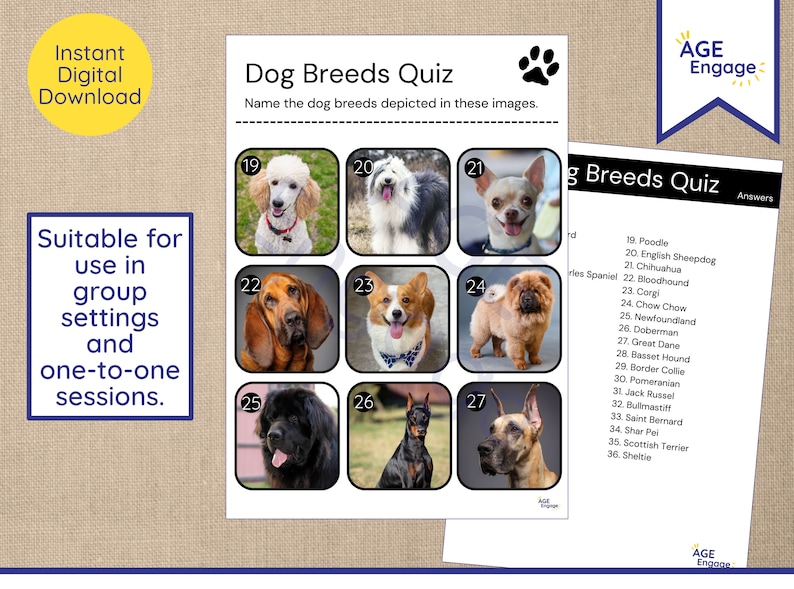 Dog Breeds Picture Quiz - Printable Senior Game - Dementia Activity ...