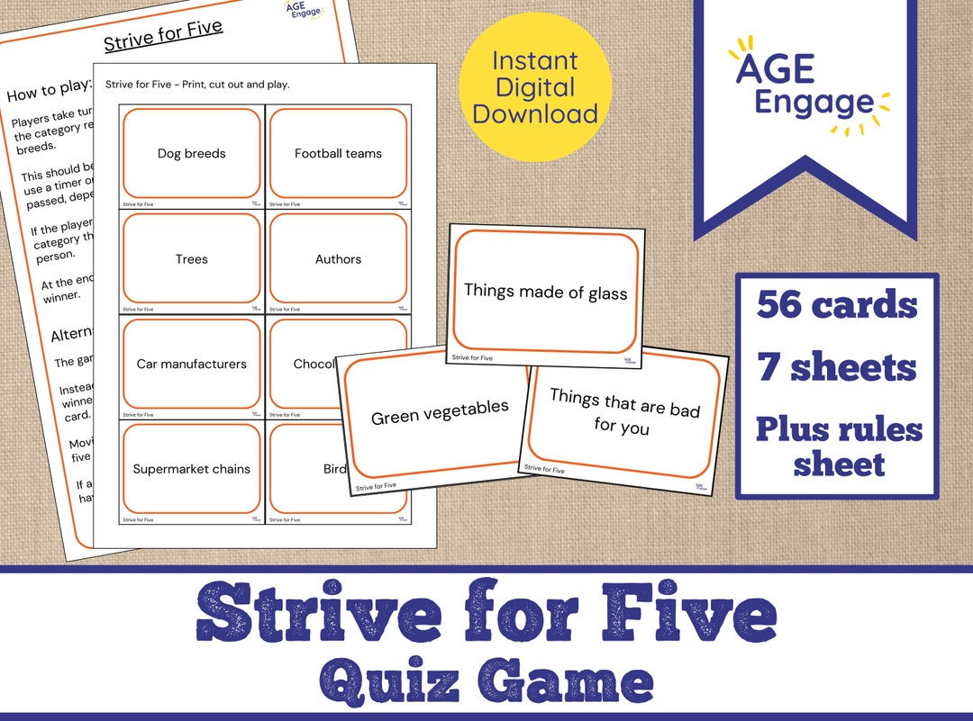 Dementia Activity Digital Download - Strive for Five Printable Card Game - Care Home Quiz ...