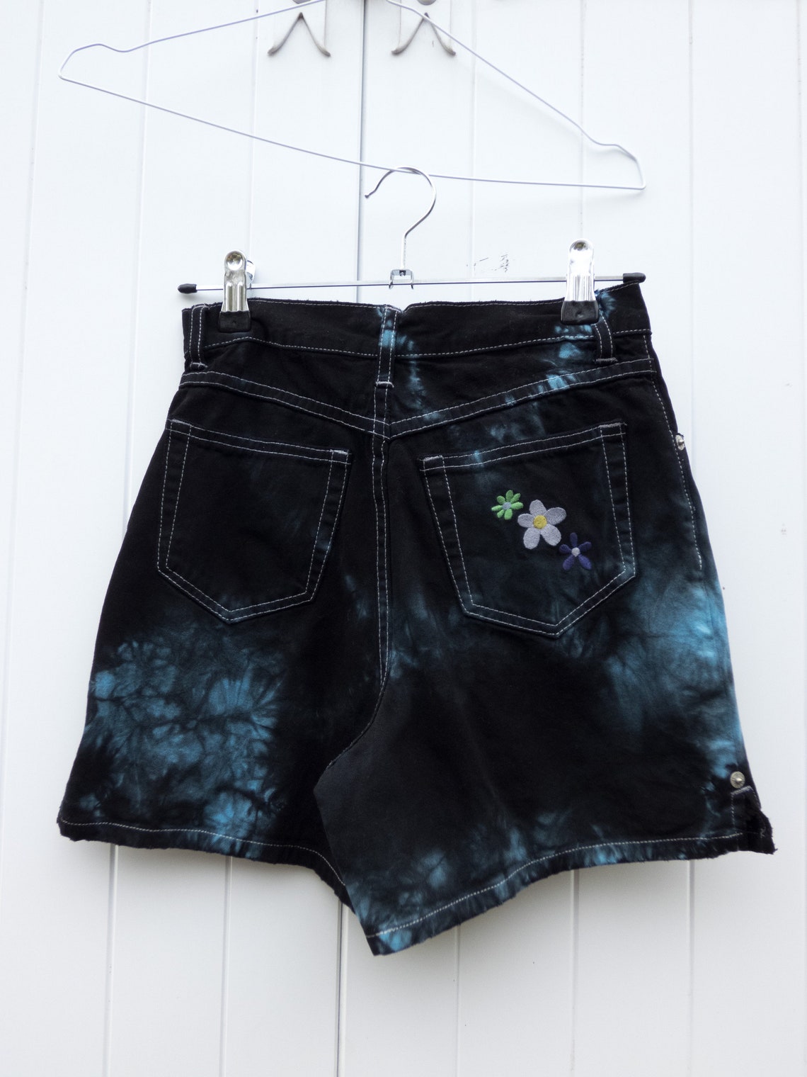Vintage Black Tie Dye Embroidered Shorts W 25 Black Denim Etsy