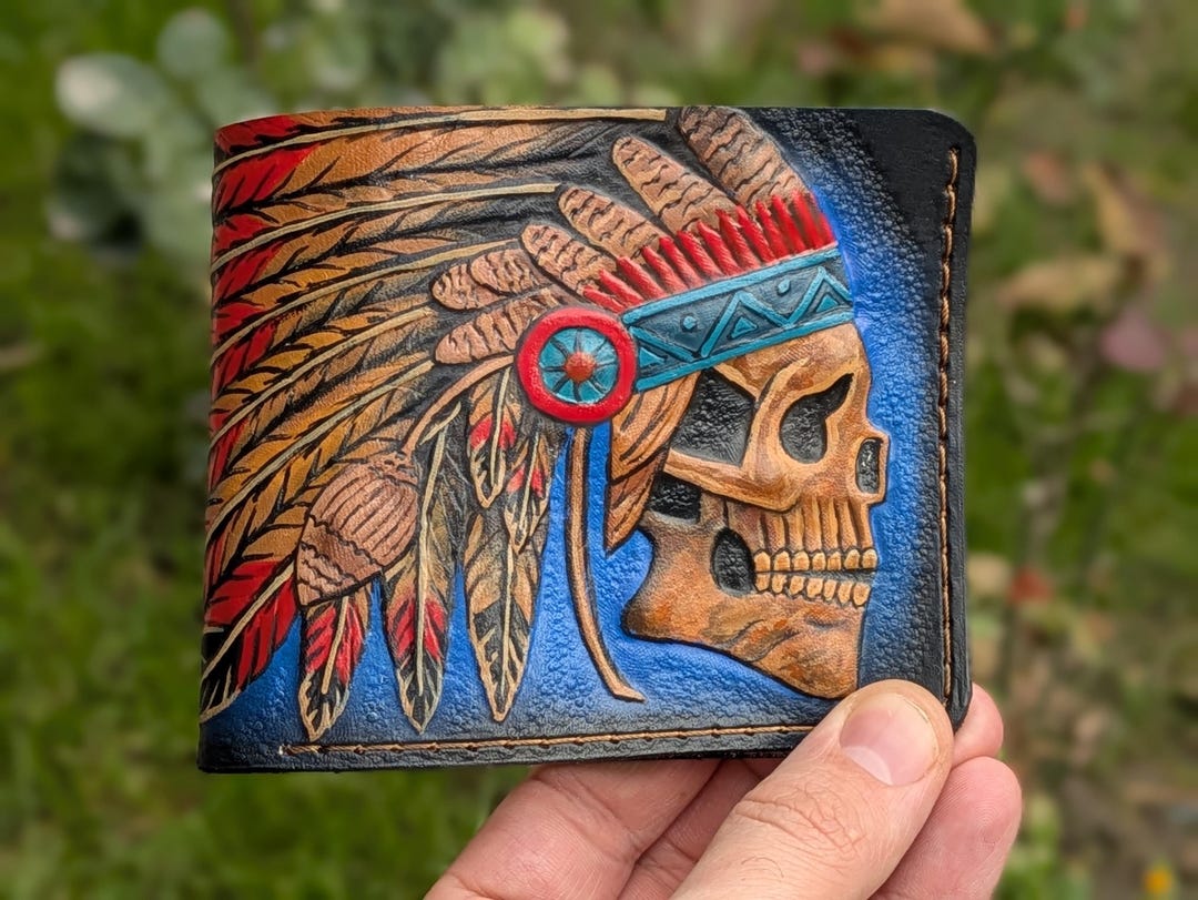 Indian Chief Skull Wallet, 3D Genuine Leather Carved Bifold Wallet, Red ...