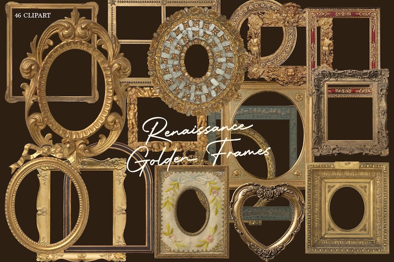 Renaissance Golden Frames Clipart Bundle, 46 HQ PNG, Scrapbook Graphics ...