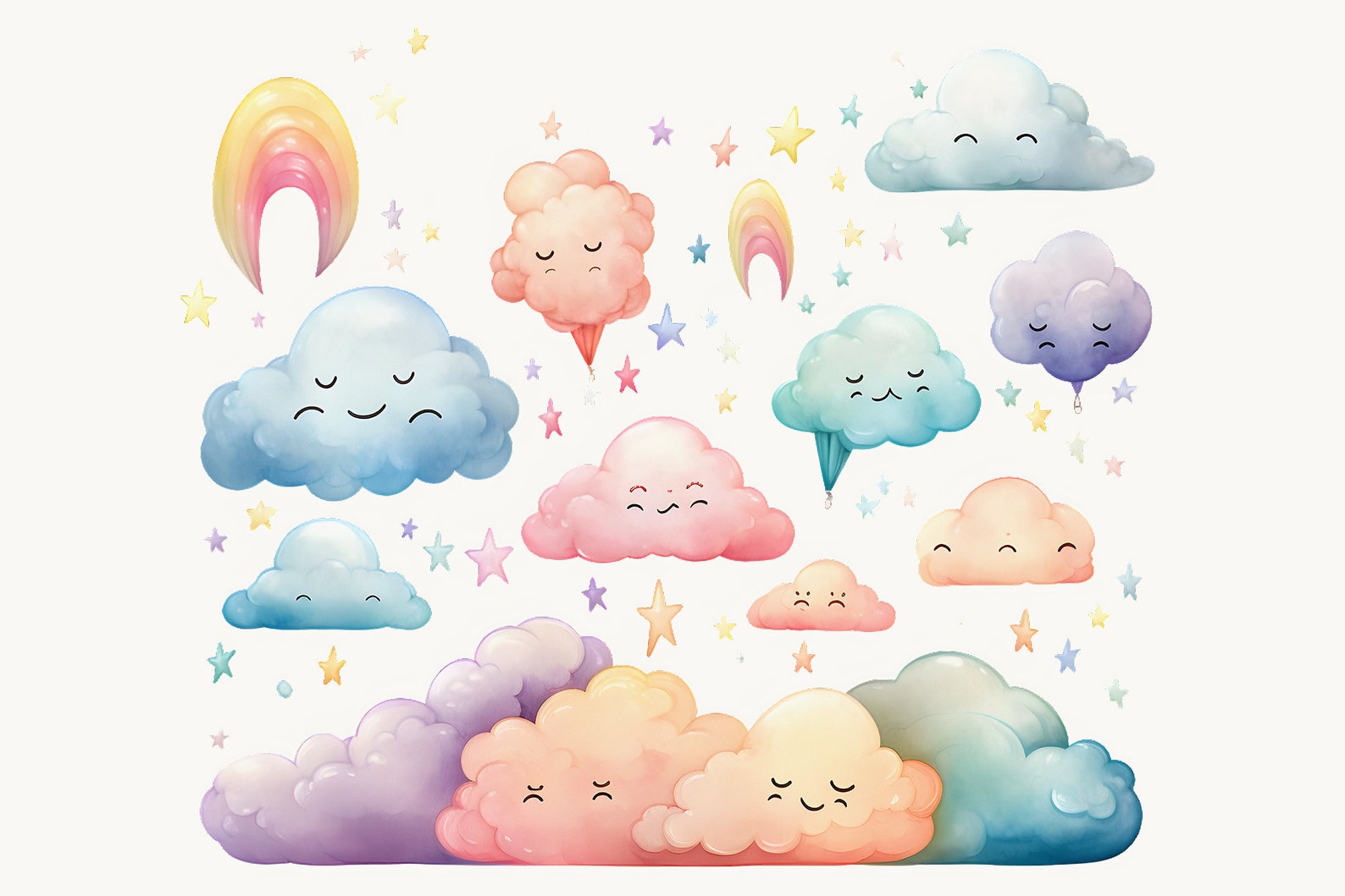 Rainbow Clouds, Watercolor Clip Art Set, Pastel Colors, Cute, Baby ...