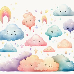 Rainbow Clouds, Watercolor Clip Art Set, Pastel Colors, Cute, Baby ...
