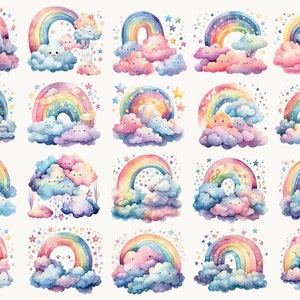 Rainbow Clouds, Watercolor Clip Art Set, Pastel Colors, Cute, Baby ...
