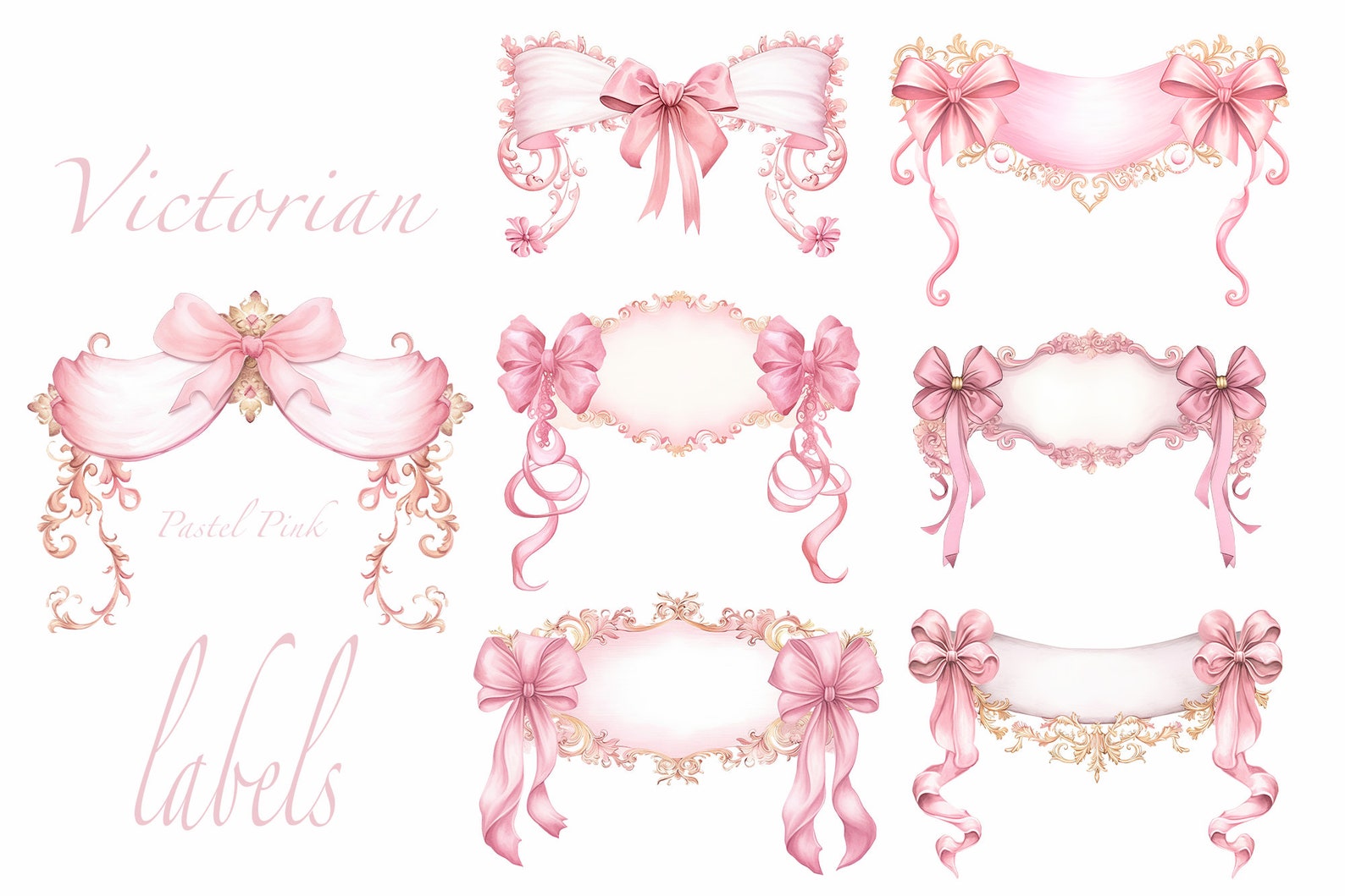 12 Pink Ornate Clipart, Coquette, Watercolors Labels, Soft Pastel Pink ...