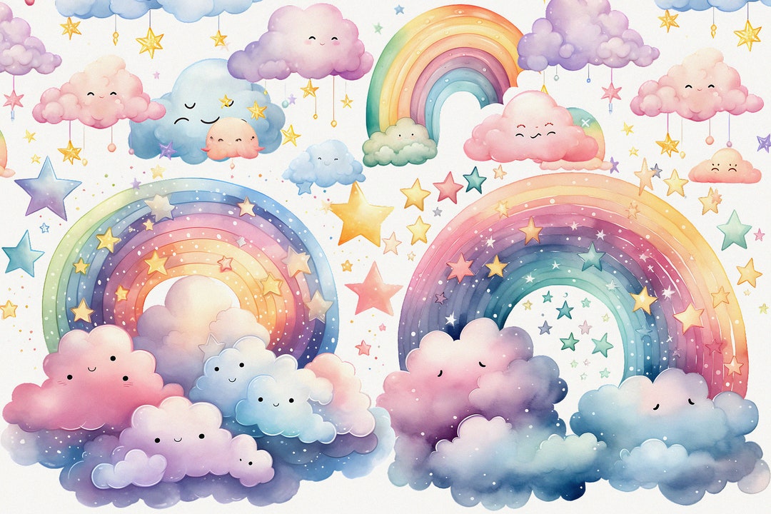 Rainbow Clouds, Watercolor Clip Art Set, Pastel Colors, Cute, Baby ...
