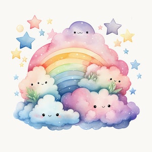 Rainbow Clouds, Watercolor Clip Art Set, Pastel Colors, Cute, Baby ...