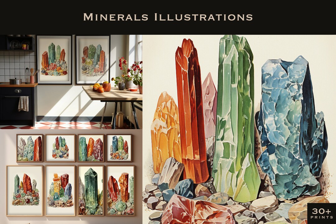 30 Minerals Illustrations, HQ, Rare, Printable, Crystals Art ...