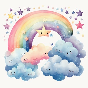 Rainbow Clouds, Watercolor Clip Art Set, Pastel Colors, Cute, Baby ...