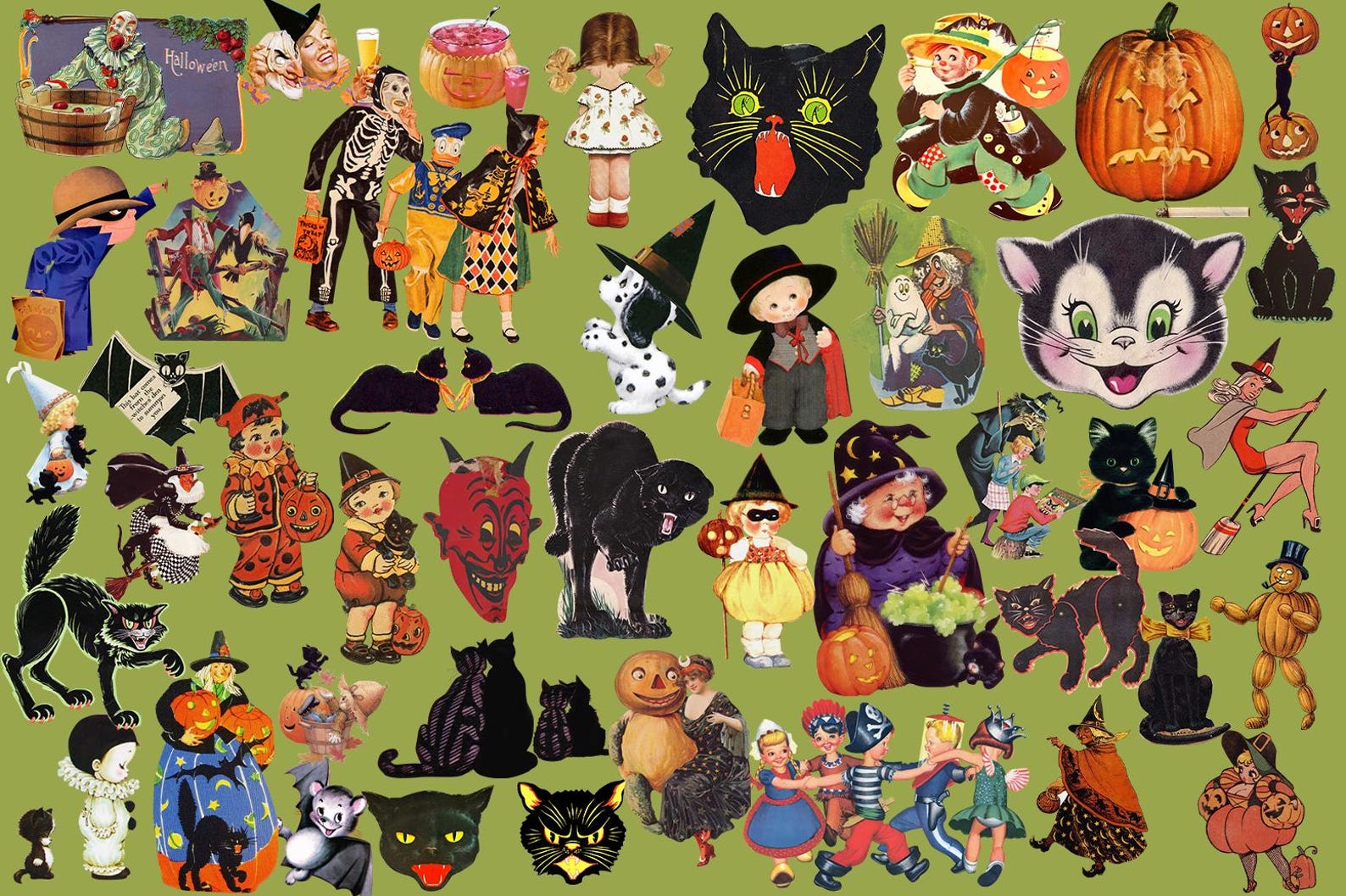 100+ Vintage Halloween Clipart Bundle, Rare Prints, Black Cats, Witches ...