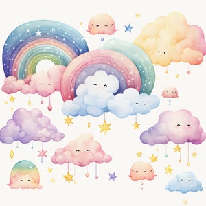 Rainbow Clouds, Watercolor Clip Art Set, Pastel Colors, Cute, Baby ...