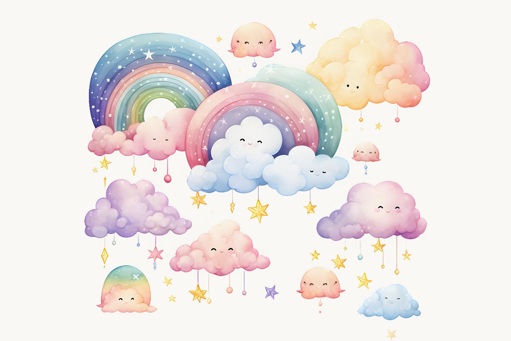 Rainbow Clouds, Watercolor Clip Art Set, Pastel Colors, Cute, Baby ...