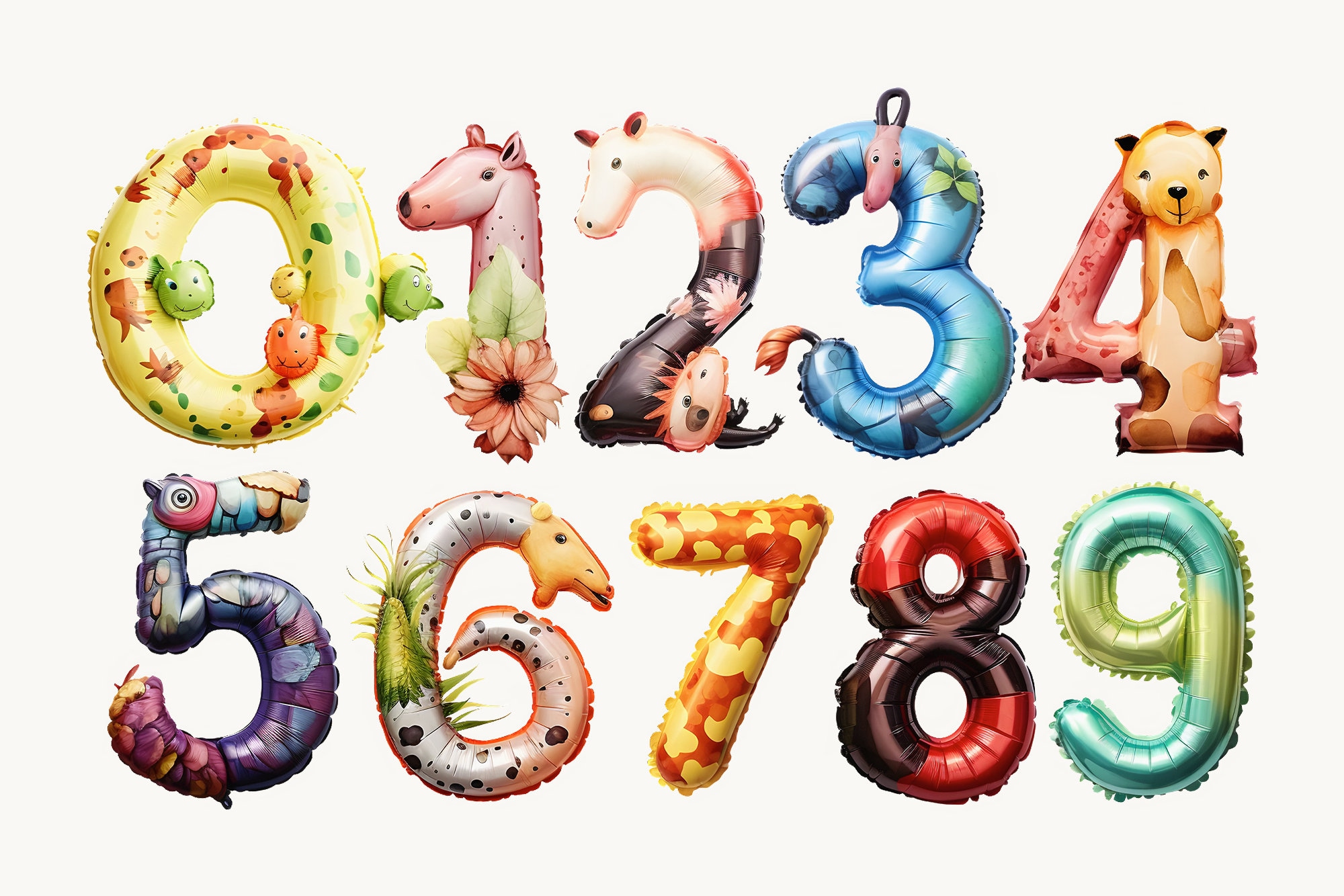 30 Balloons Animals Shaped Numbers, Kids, Birthday, Foil Shaped English ...